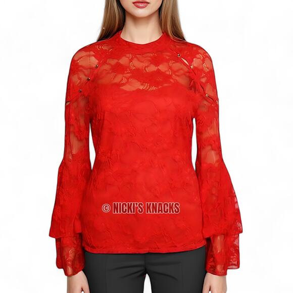 Boston Proper | Tops | Boston Proper Lace Inset Flounce Sleeve Blouse ...